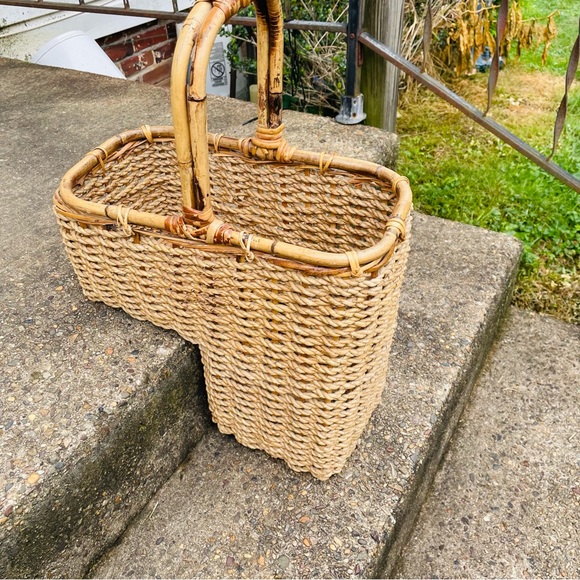 Accents | Vintage Woven Braided Wicker Step Basket With Bamboo Handle ...
